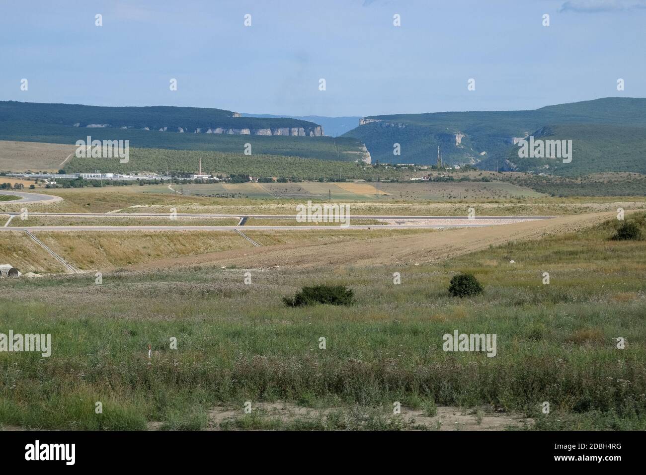 Landscapes of Crimean nature. Fields and hills visible from car window ...