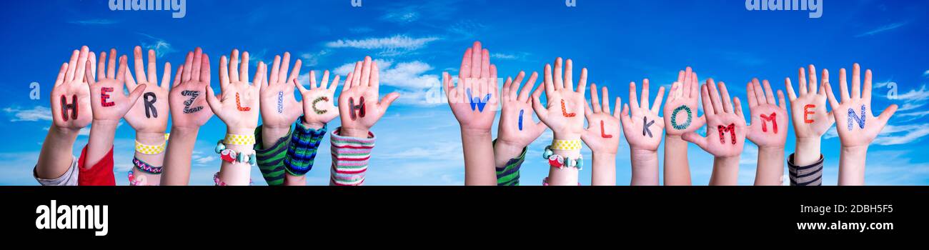 Children Hands Building Colorful German Word Herzlich Willkommen Means ...