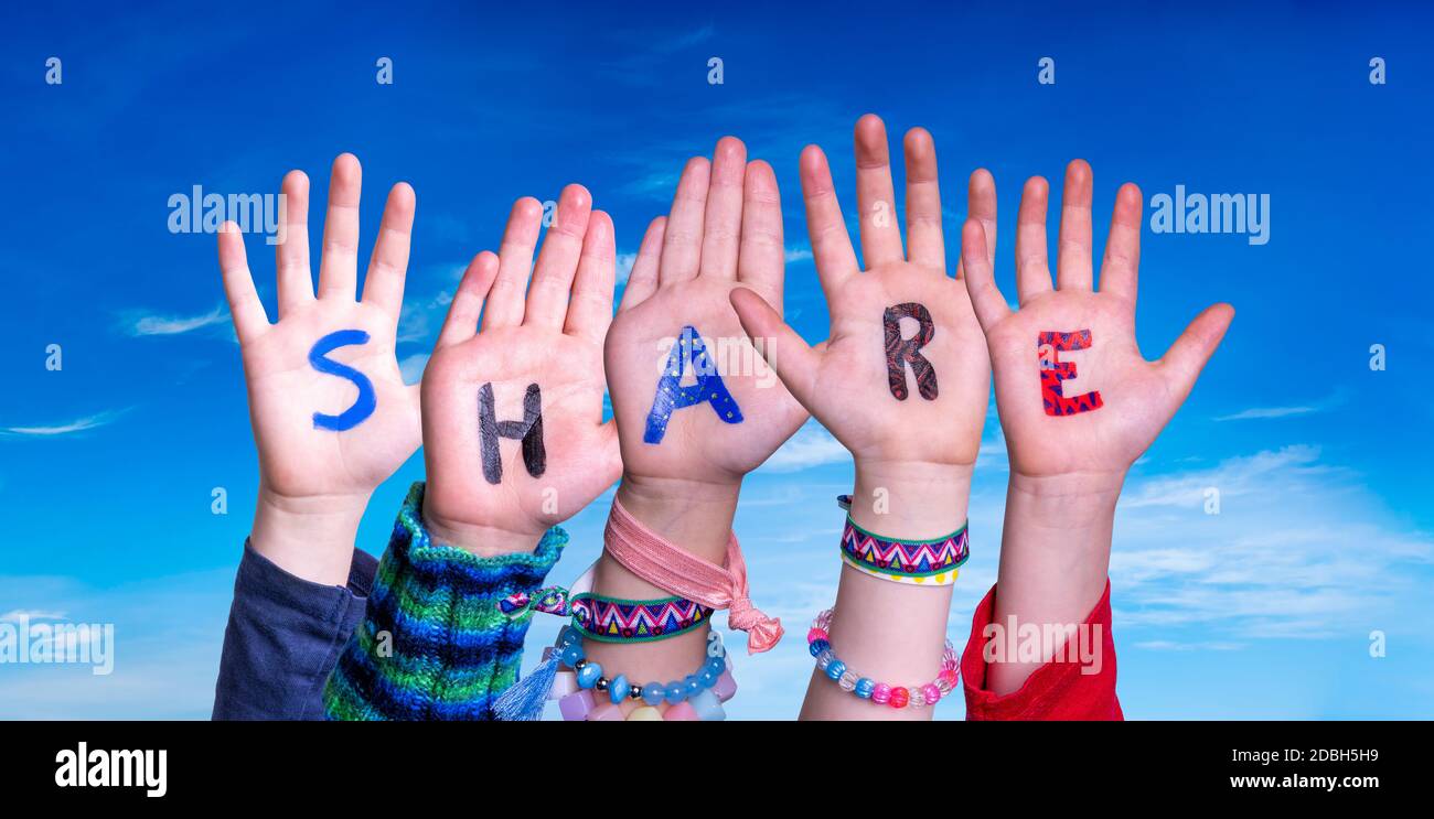 Children Hands Building Colorful English Word Share. Blue Sky As ...