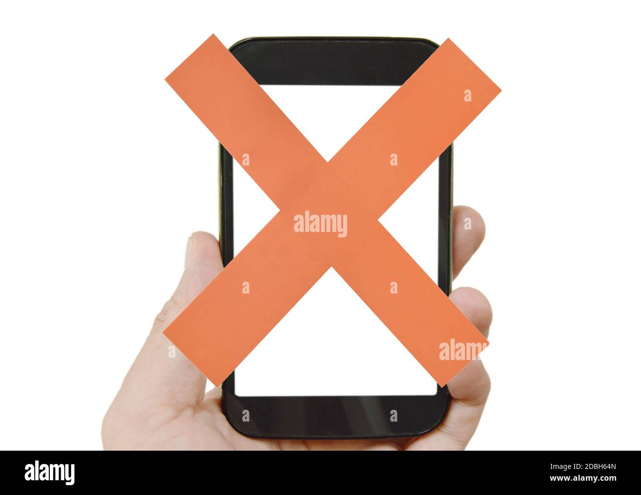 Red cross paper on mobile phone holding in human hand with white ...