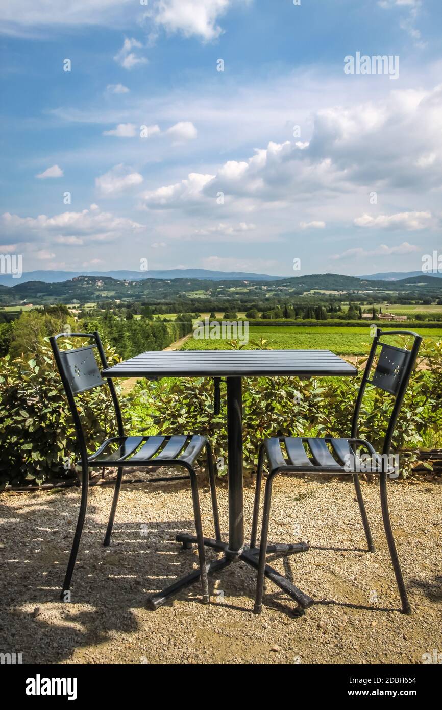 Seating area in the cafe with a view of the Provence countryside ...