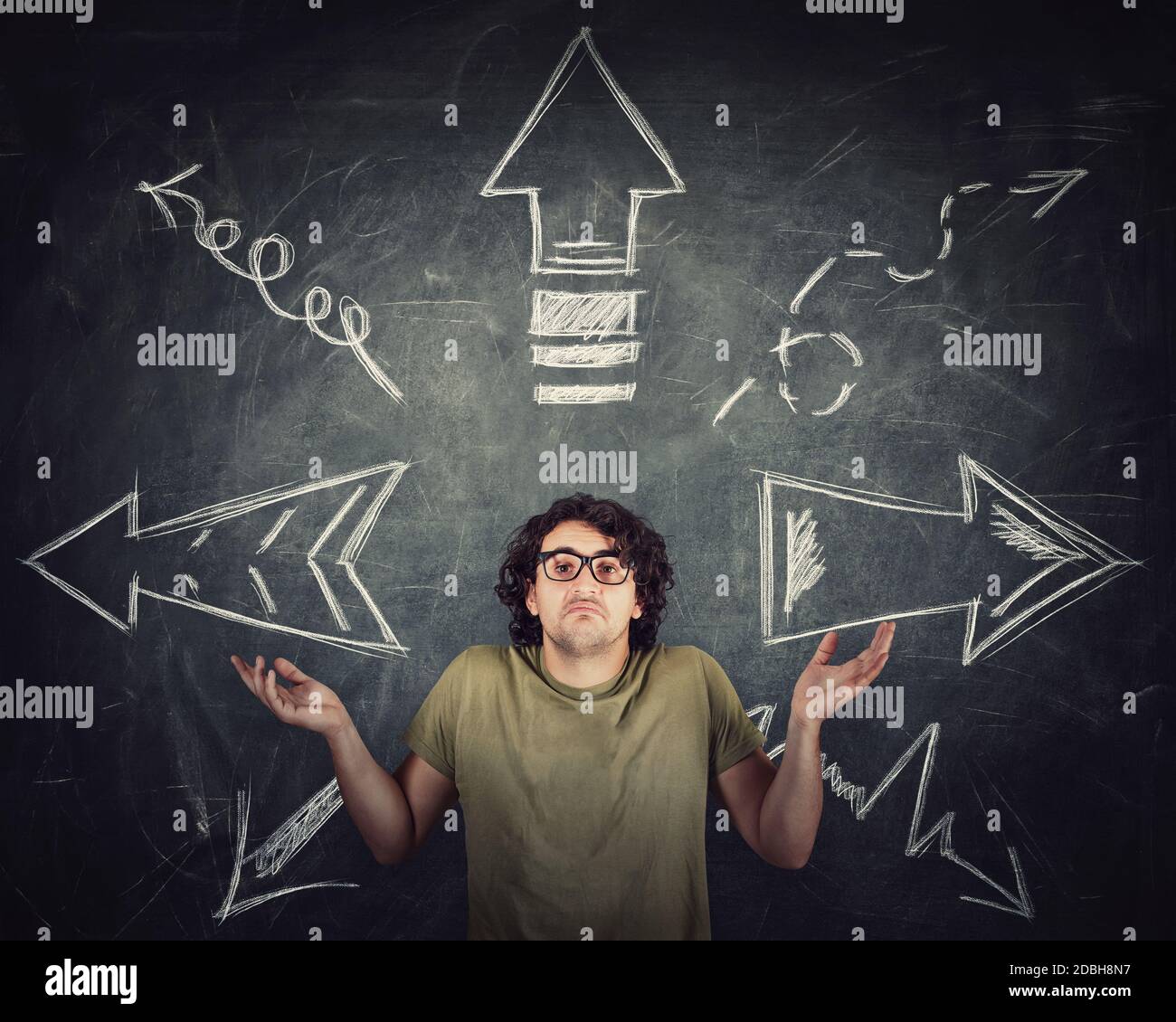 Perplexed man, hands outstretched, shrugging shoulders, has a problem ...