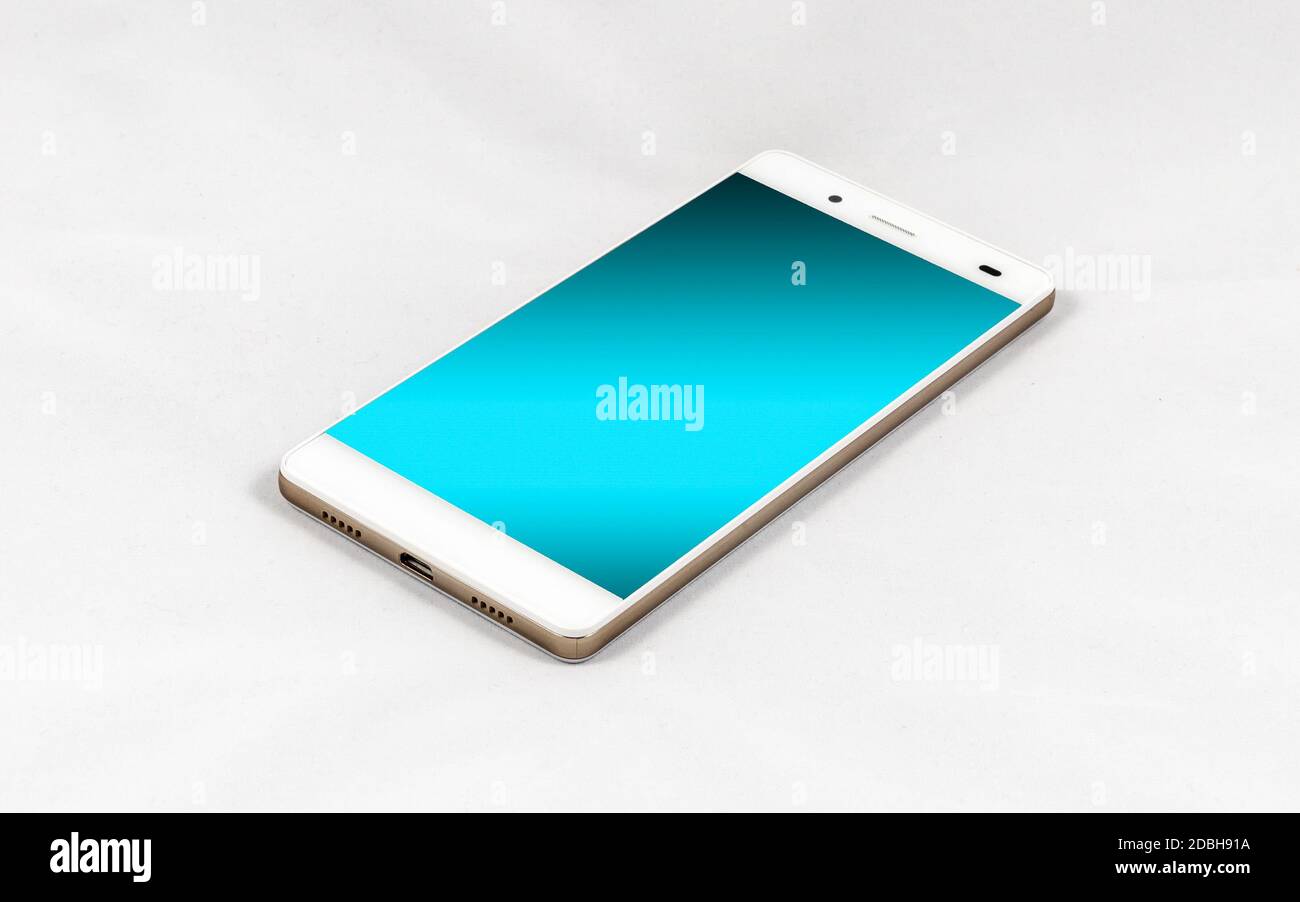 Modern smartphone with blank blue screen, lies on the surface, isolated ...