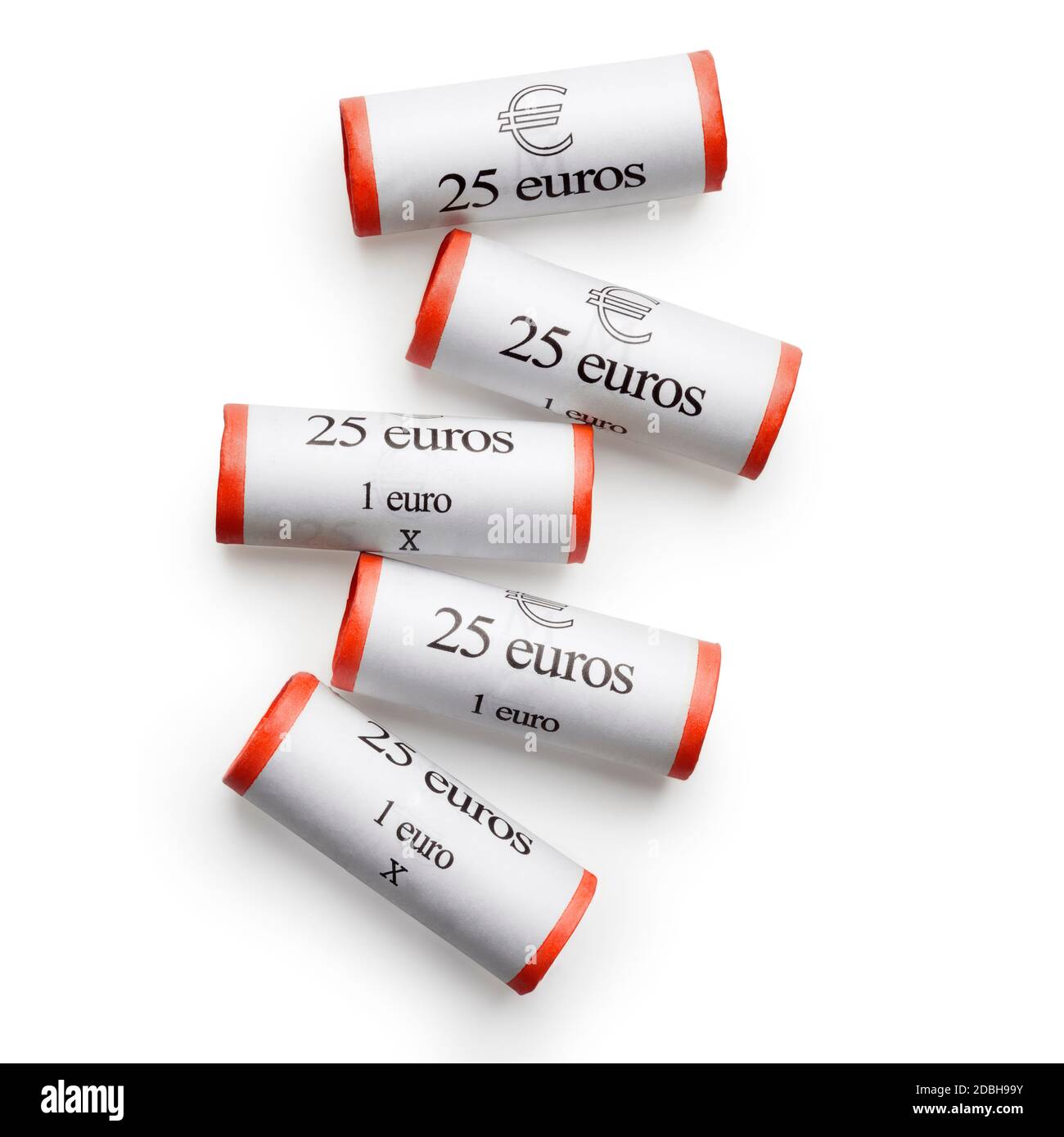 Five rolls of one euro coins pieces against white background Stock ...