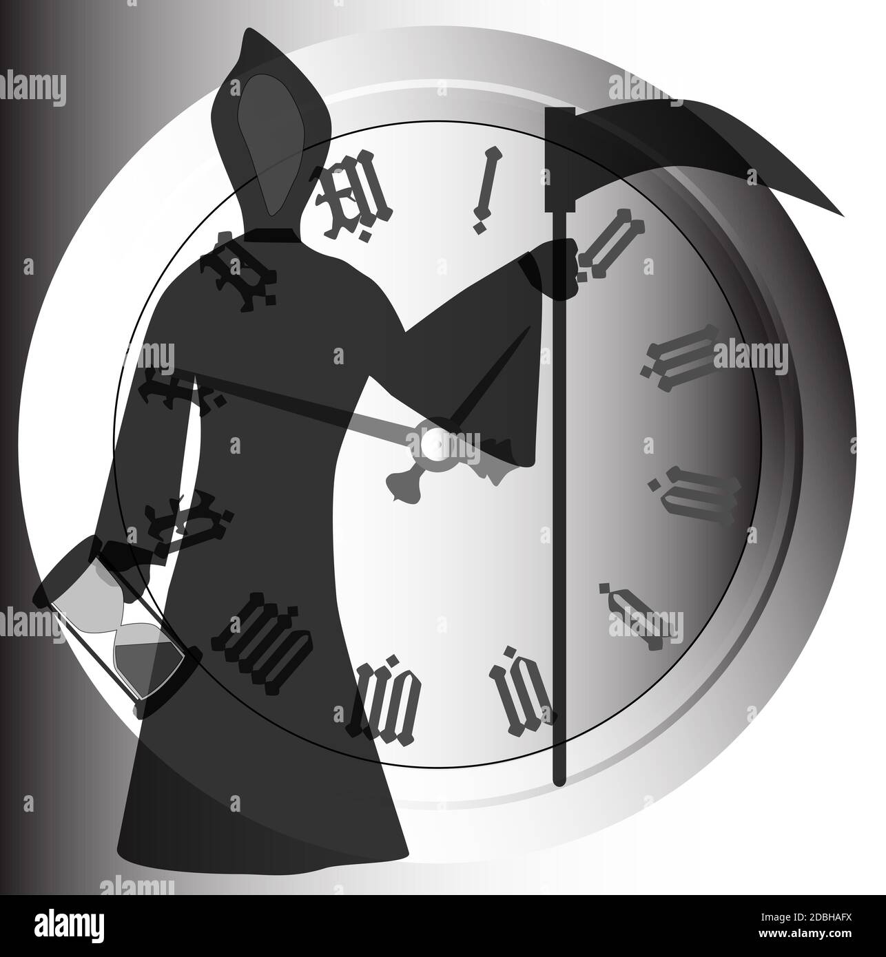 Old father time with hour glass and scythe set against a clock Stock ...