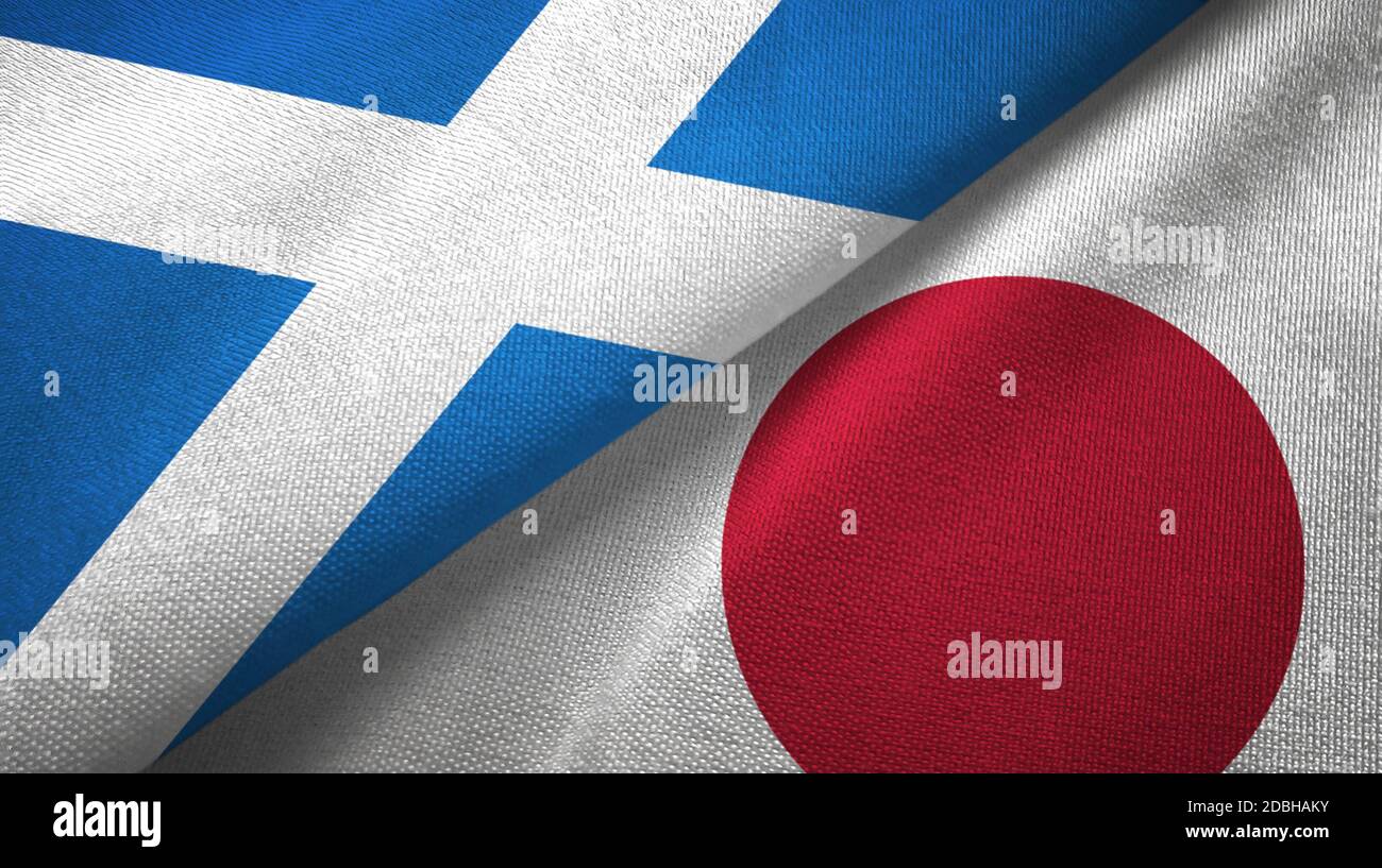 Scotland and Japan two flags textile cloth, fabric texture Stock Photo ...