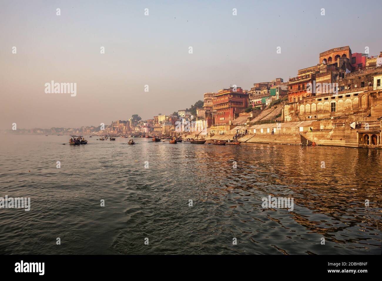 aranasi Ganges river ghat with ancient architectural buildings and ...