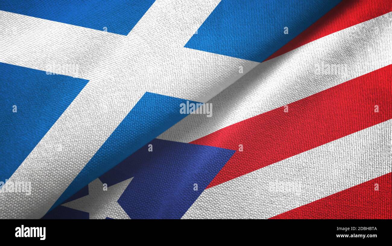 Scotland and Puerto Rico two flags textile cloth, fabric texture Stock ...