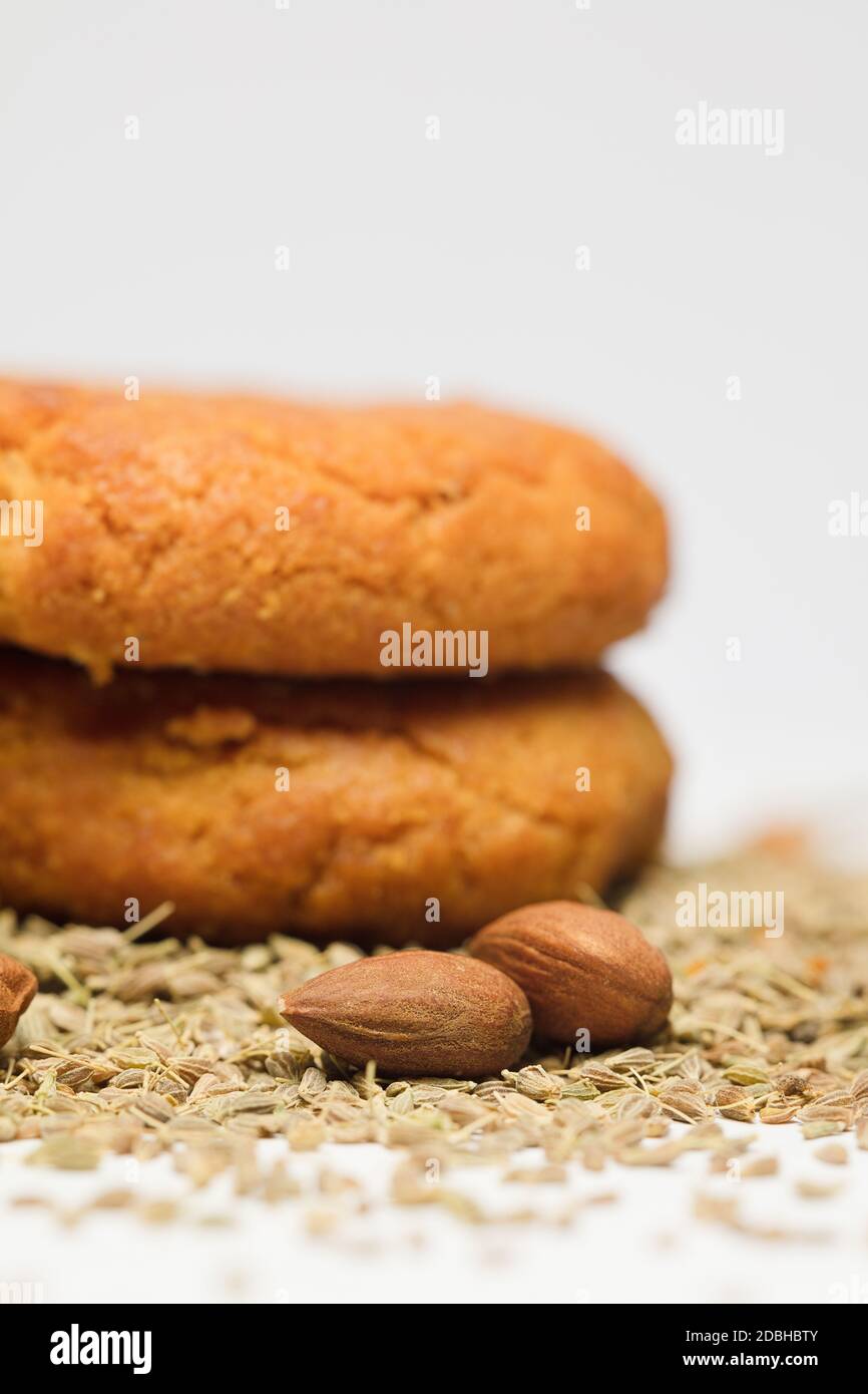 almonds (without shell) and sesame, homemade cookies, white background ...