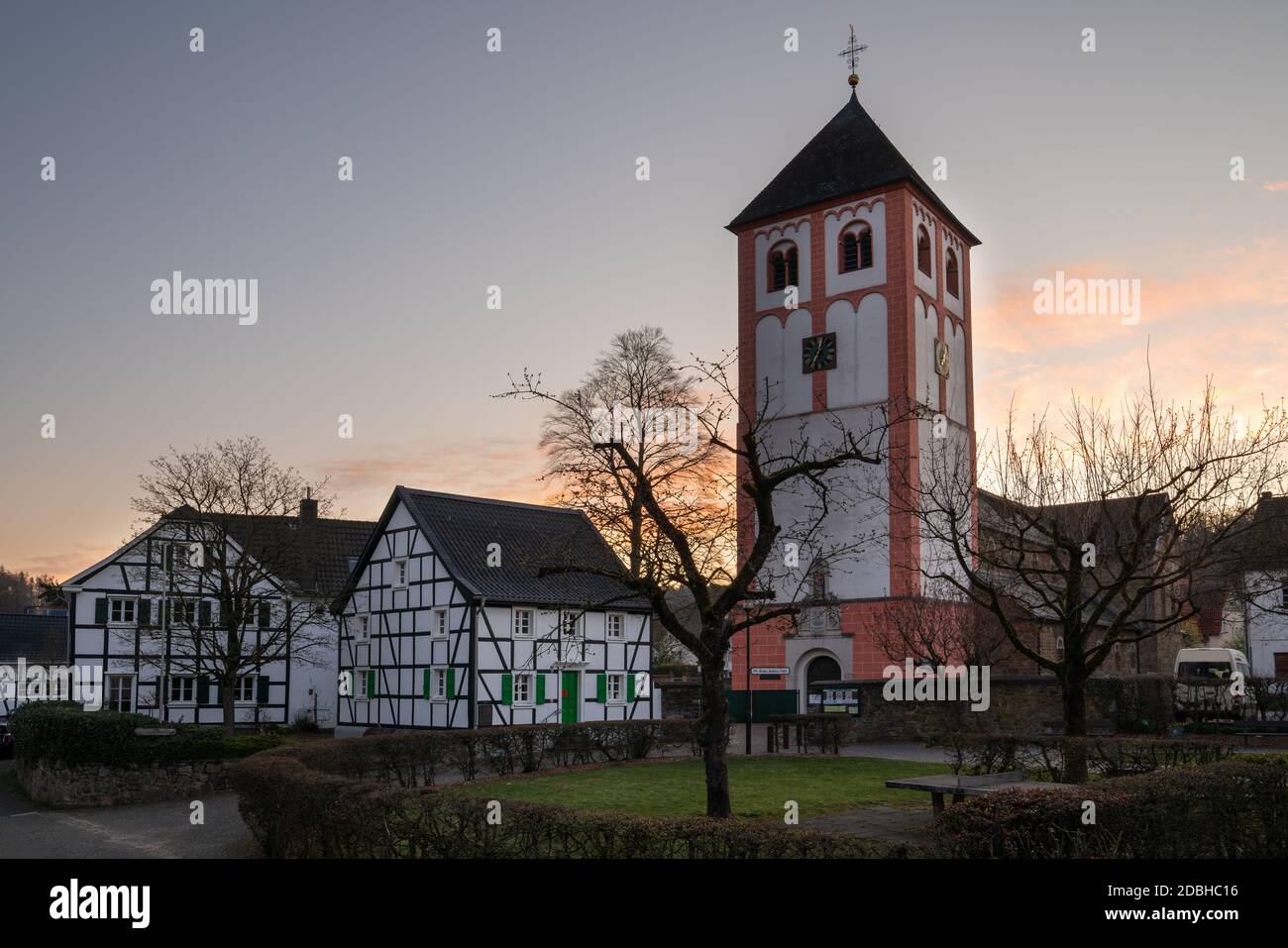 Center of village Odenthal with parish church and old buildings at ...