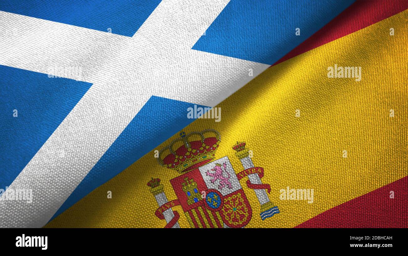 Scotland and Spain two flags textile cloth, fabric texture Stock Photo ...
