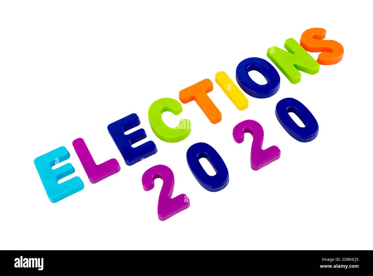 Text ELECTIONS 2020 written in plastic letters on a white background ...