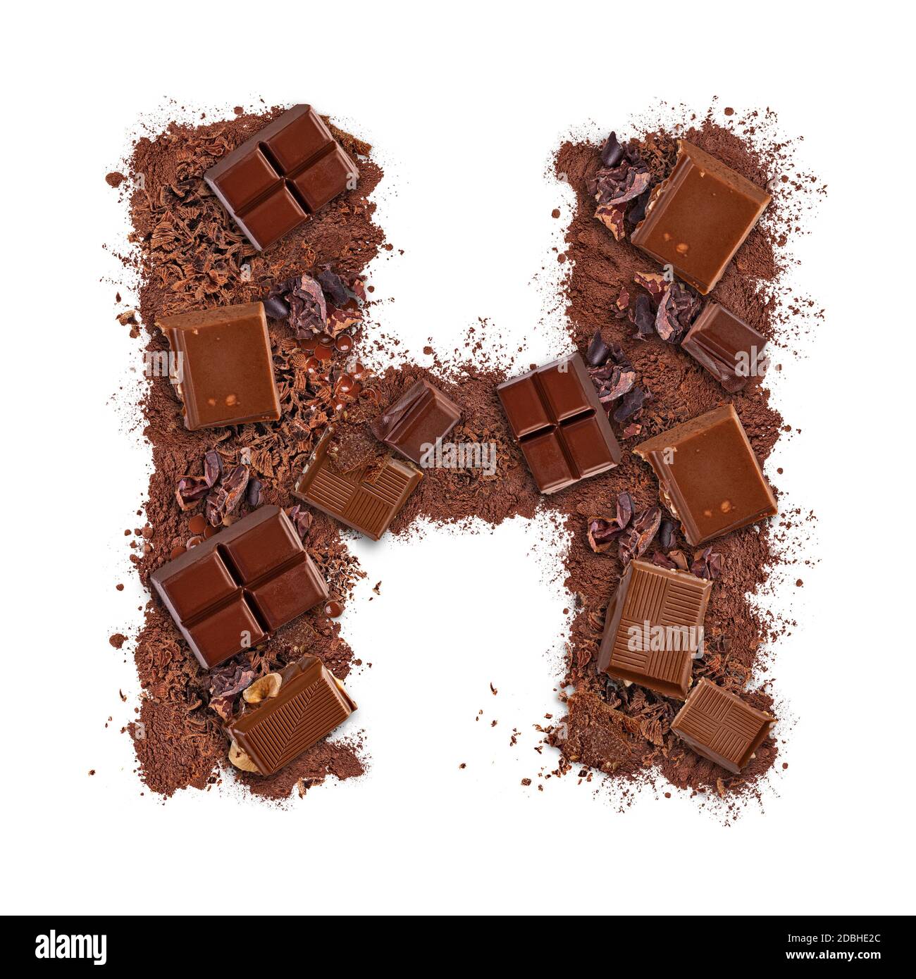 Letter H made of chocolate bar pieces isolated on white background ...