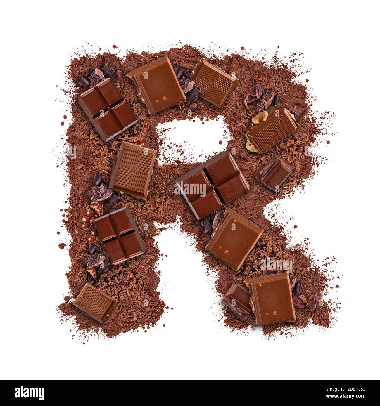 Letter R made of chocolate bar pieces isolated on white background ...