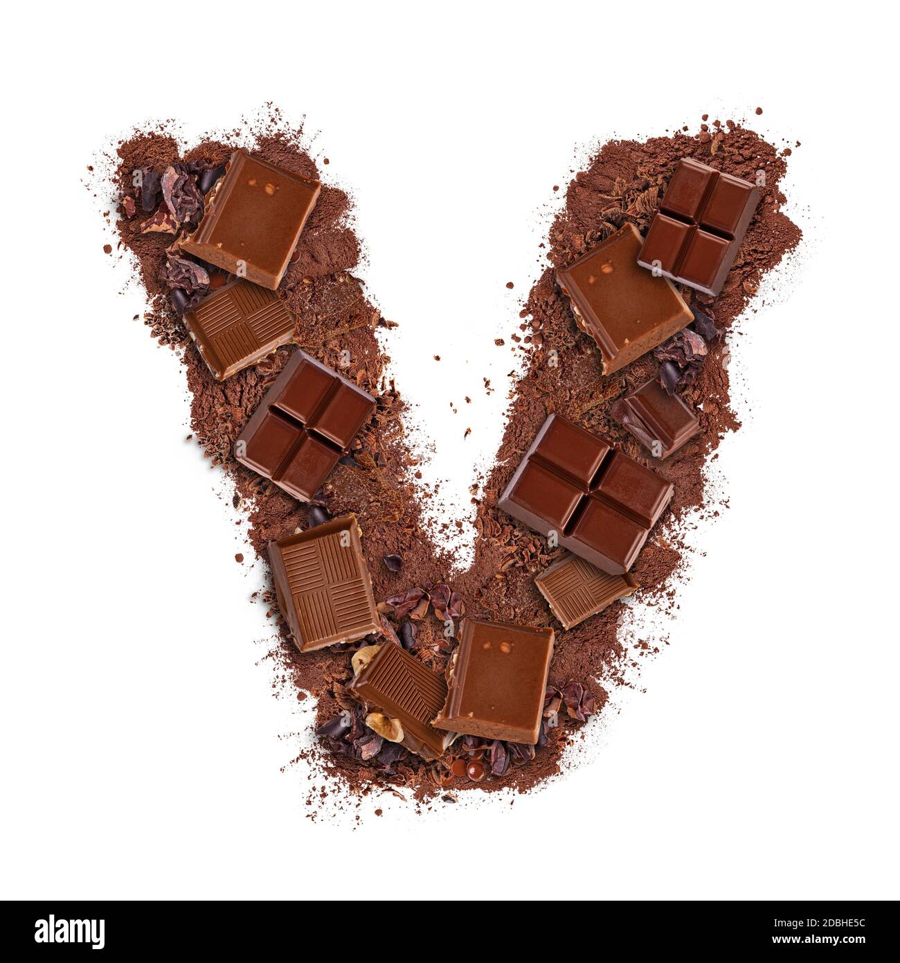 Letter V made of chocolate bar pieces isolated on white background ...