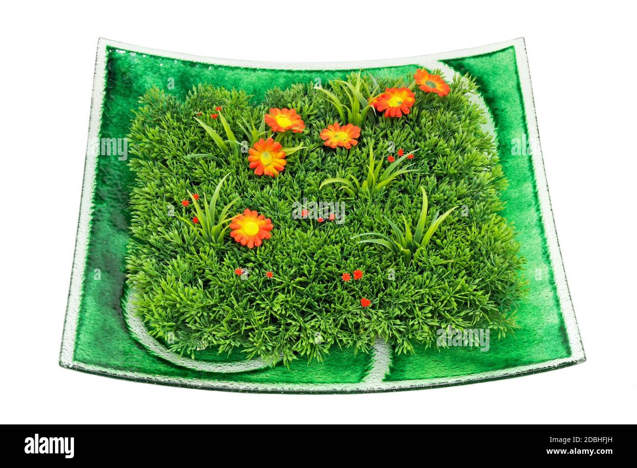 Virtual grass and garden in ceramics plate Stock Photo - Alamy