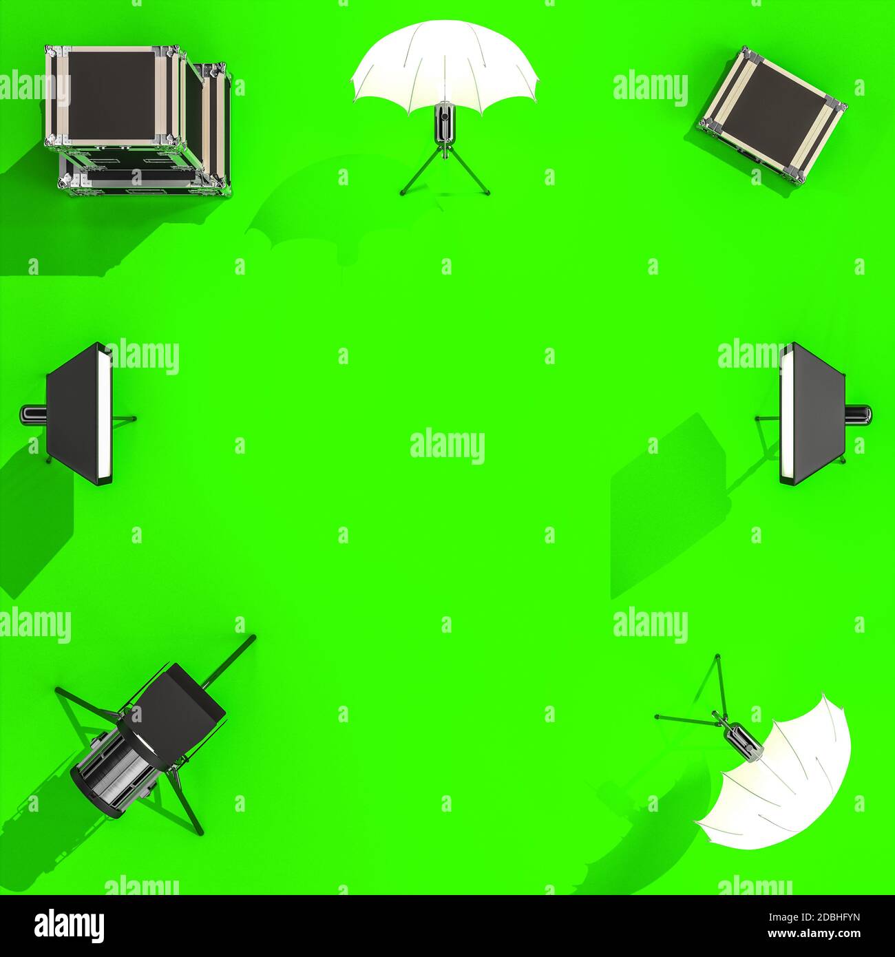 photographic set with lights and professional equipment on a green ...