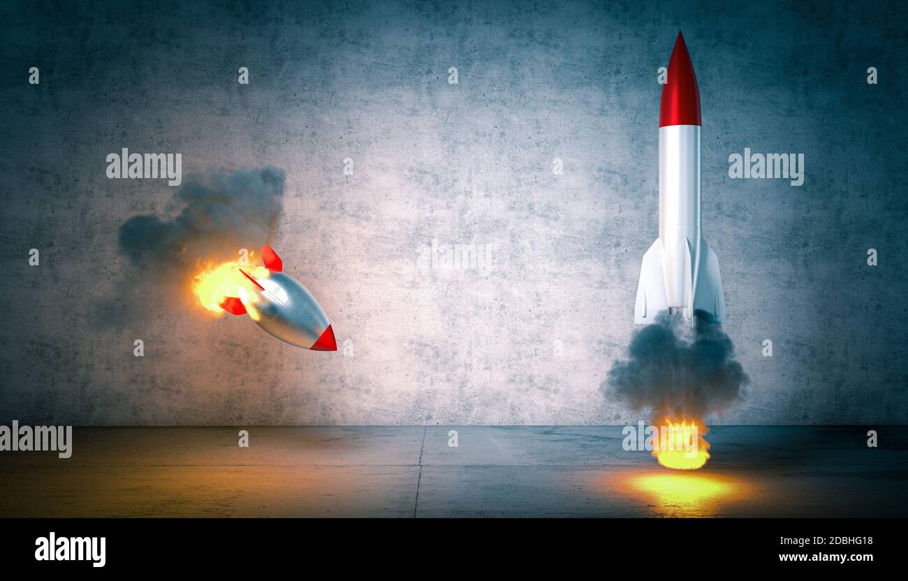 two rockets start but one fails to launch. concept of success ...