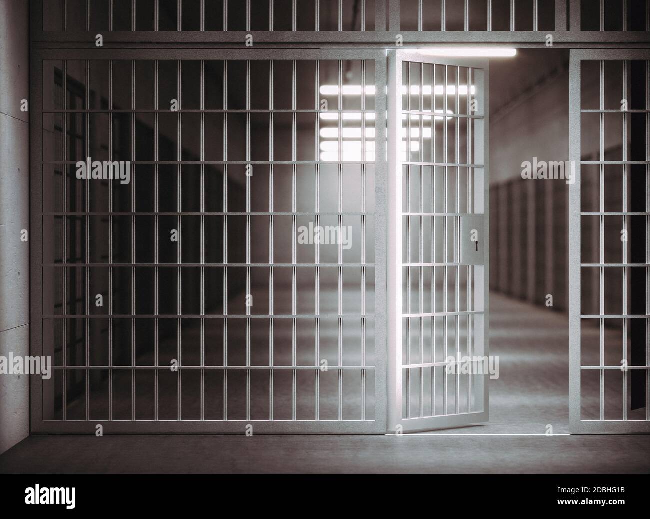 corridor of a prison with bars and open cell door. 3d render. concept ...
