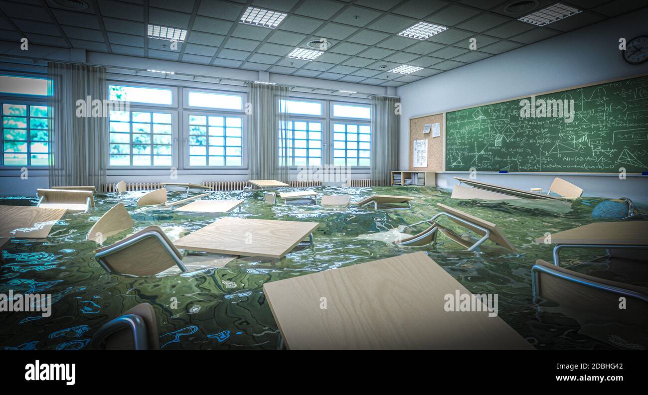 traditional style school class. flooded with water that moves chairs ...