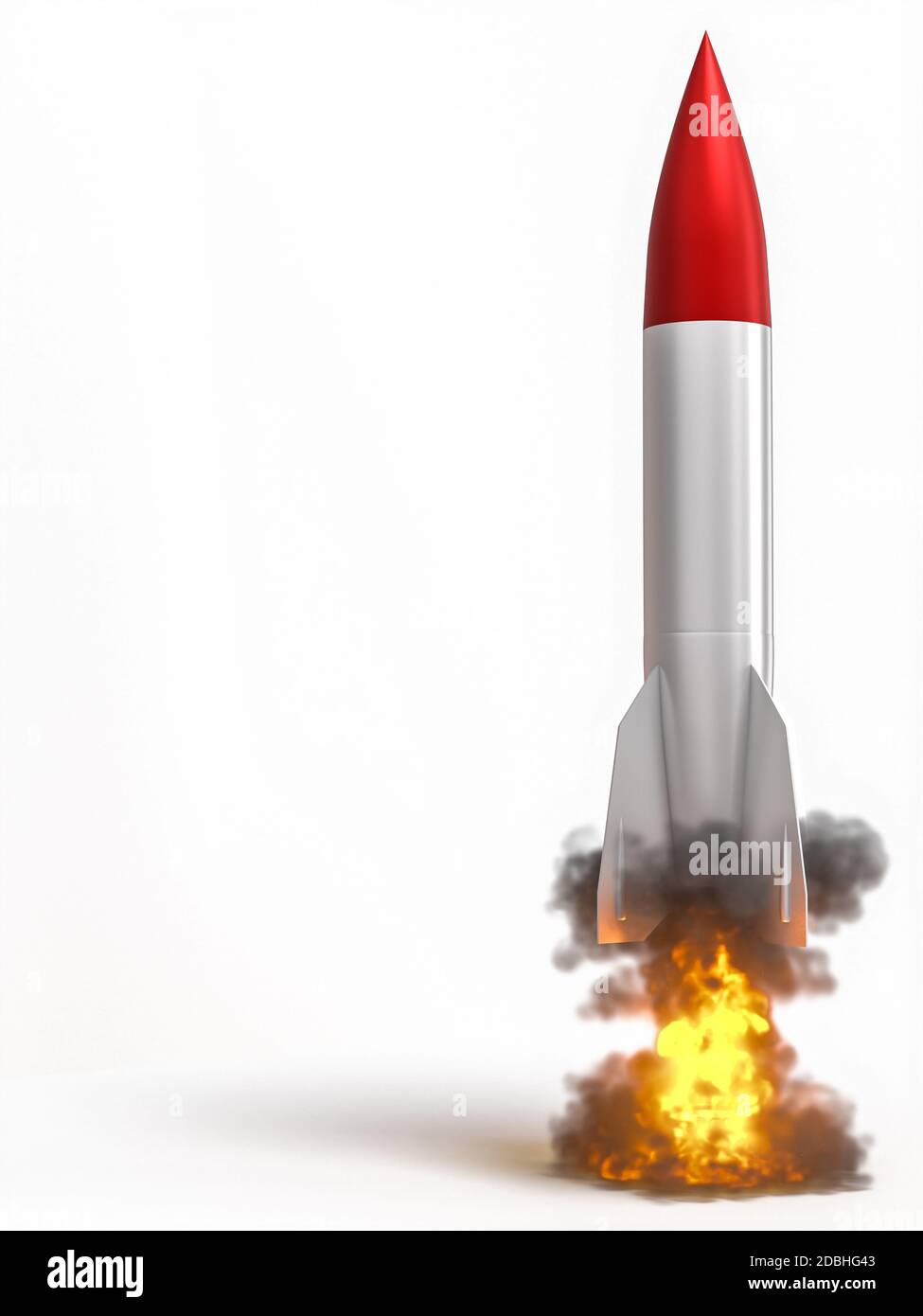 classic white rocket with partially red head, visible smoke and flames ...