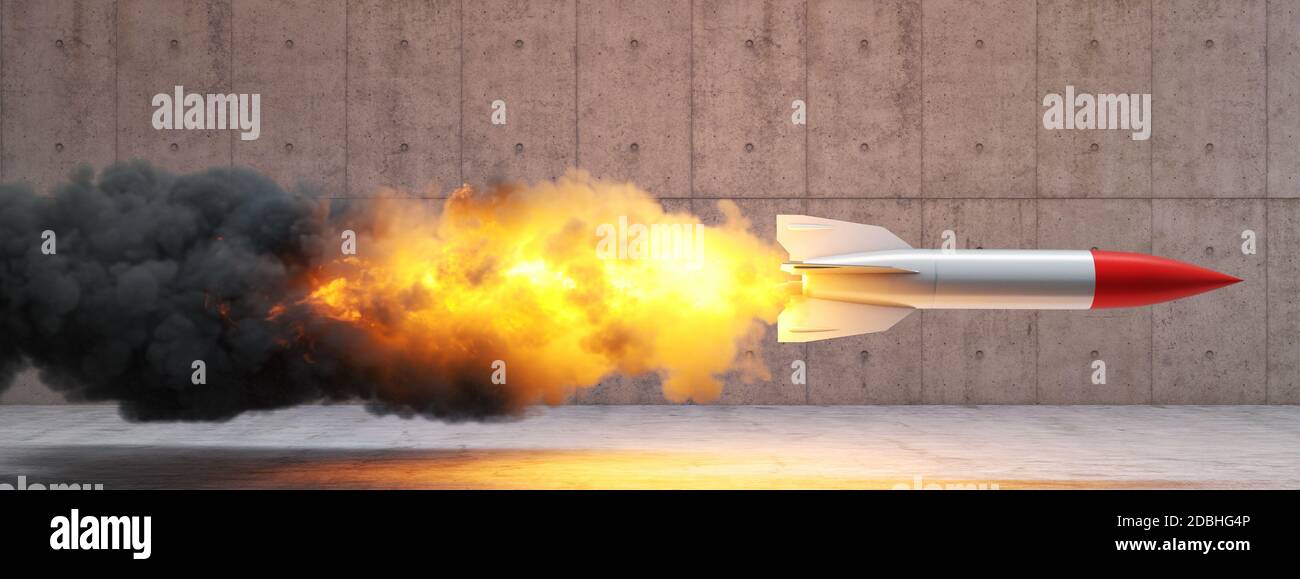 rocket with flames and smoke on a concrete background. 3d render ...