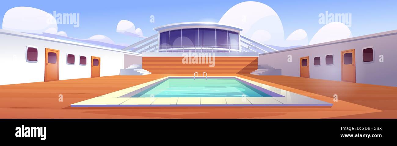 Swimming pool on cruise liner, empty ship deck with wooden floor and ...