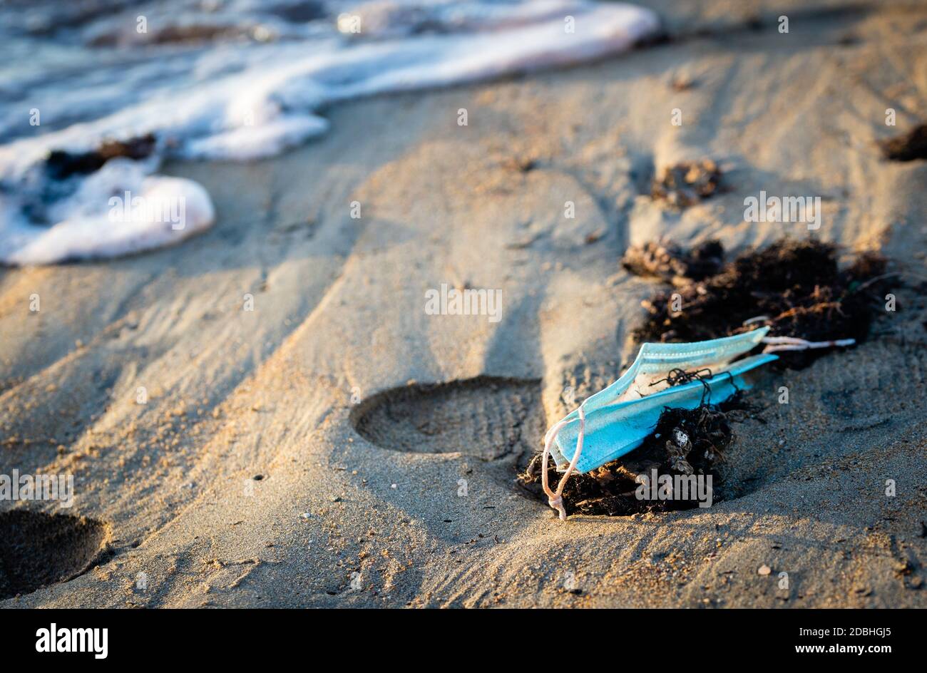 Abandoned face masks on the wet sand of the seashore of a beach ...