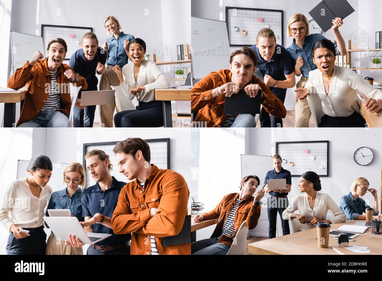 collage of emotional team of young multicultural businesspeople working ...