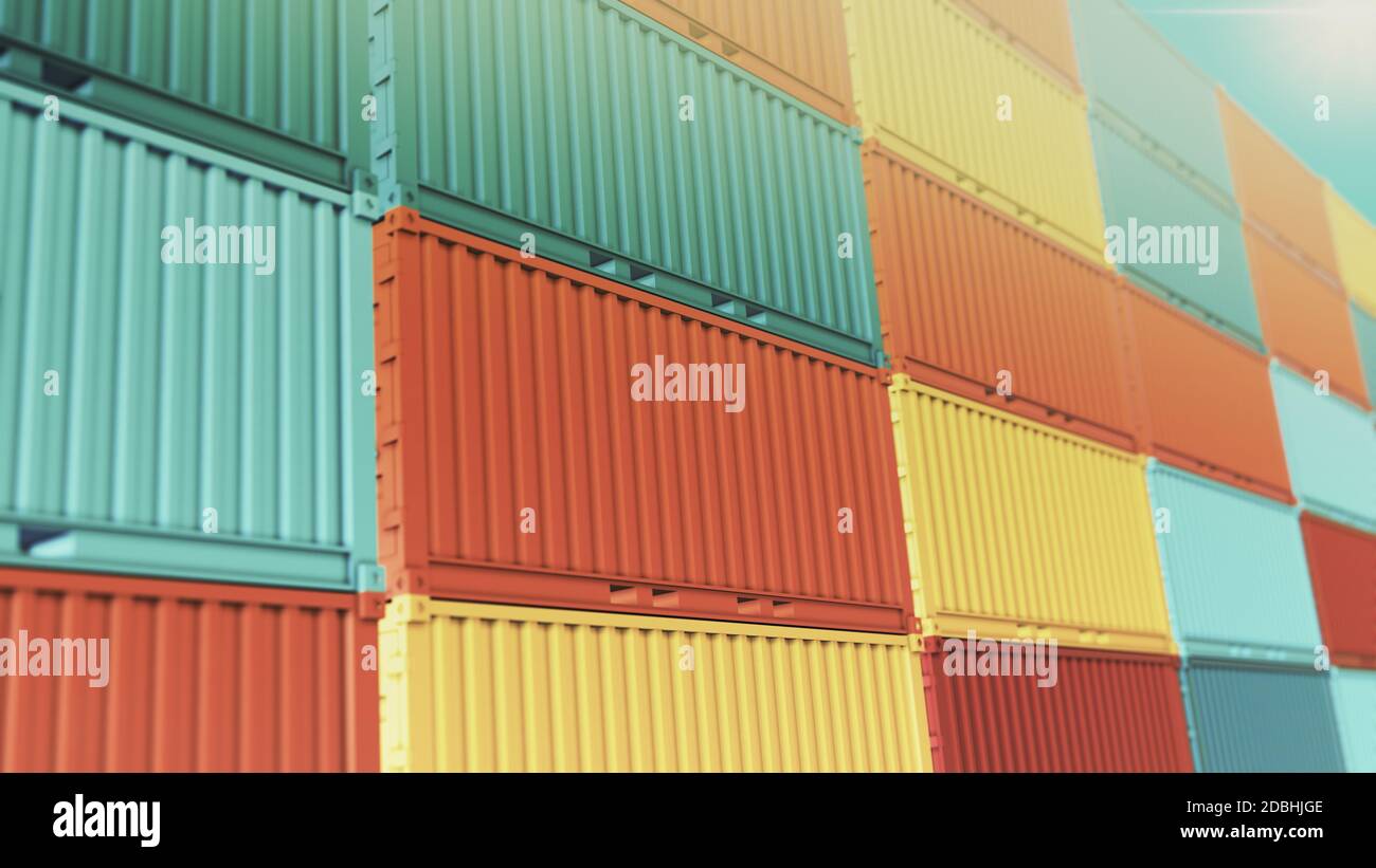 close-up view of a stacks of coloured shipping container (3d render ...