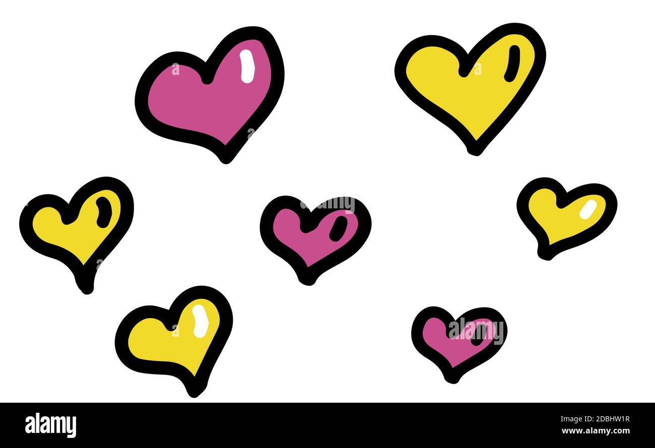 Pink and yellow hearts set for wedding and valentine design. Doodle ...