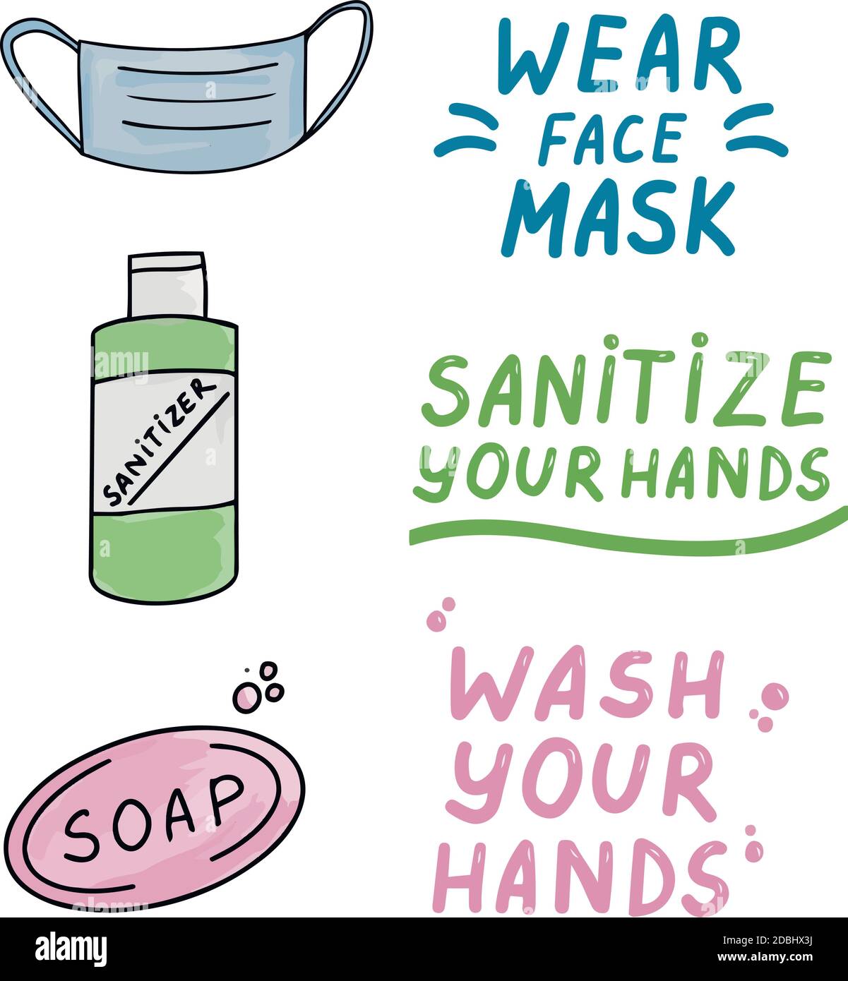 Wear a face mask. Wash your hands. Sanitize your hands. Icons trendy ...