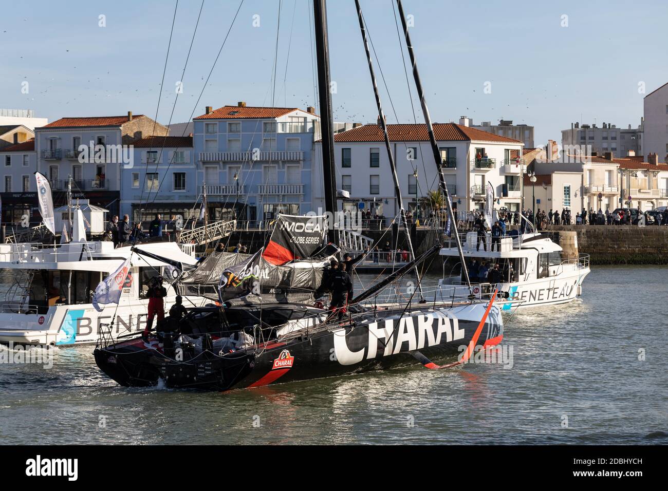 LES SABLES D'OLONNE, FRANCE - NOVEMBER 17, 2020: Jeremie Beyou boat ...