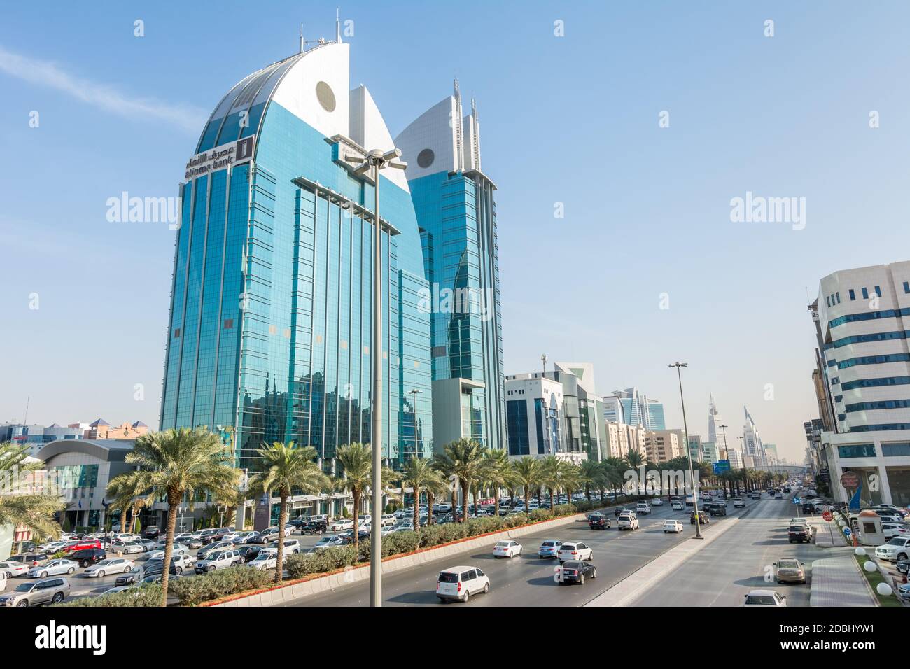 Twin building of Alinma Bank with symbol of fish, landmark of Riyadh ...