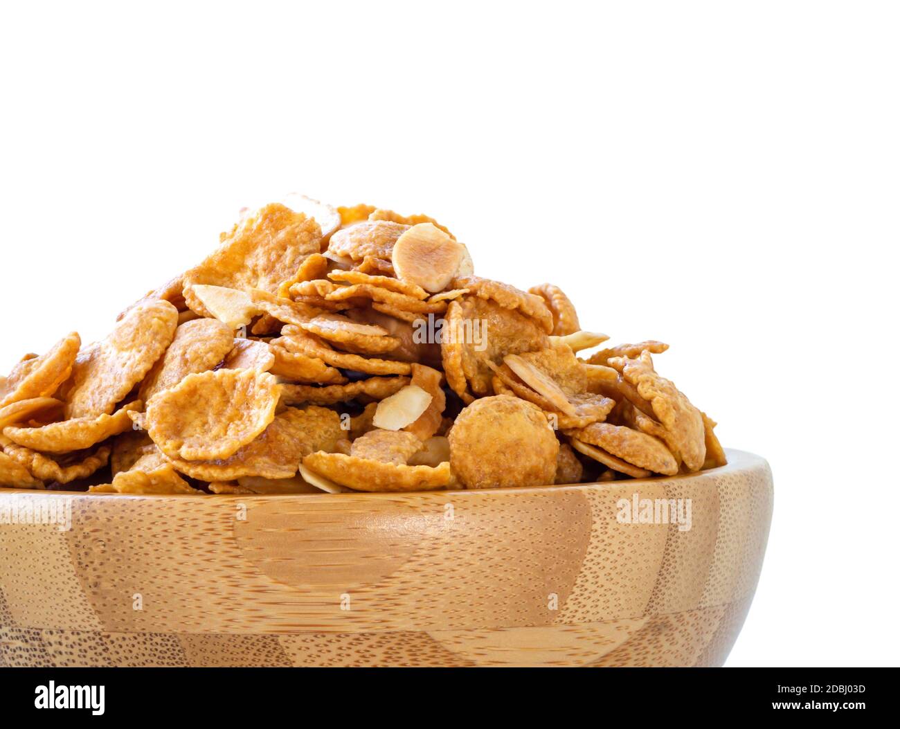 Cornflakes or cereals grain wheat in wooden bowl on white background ...