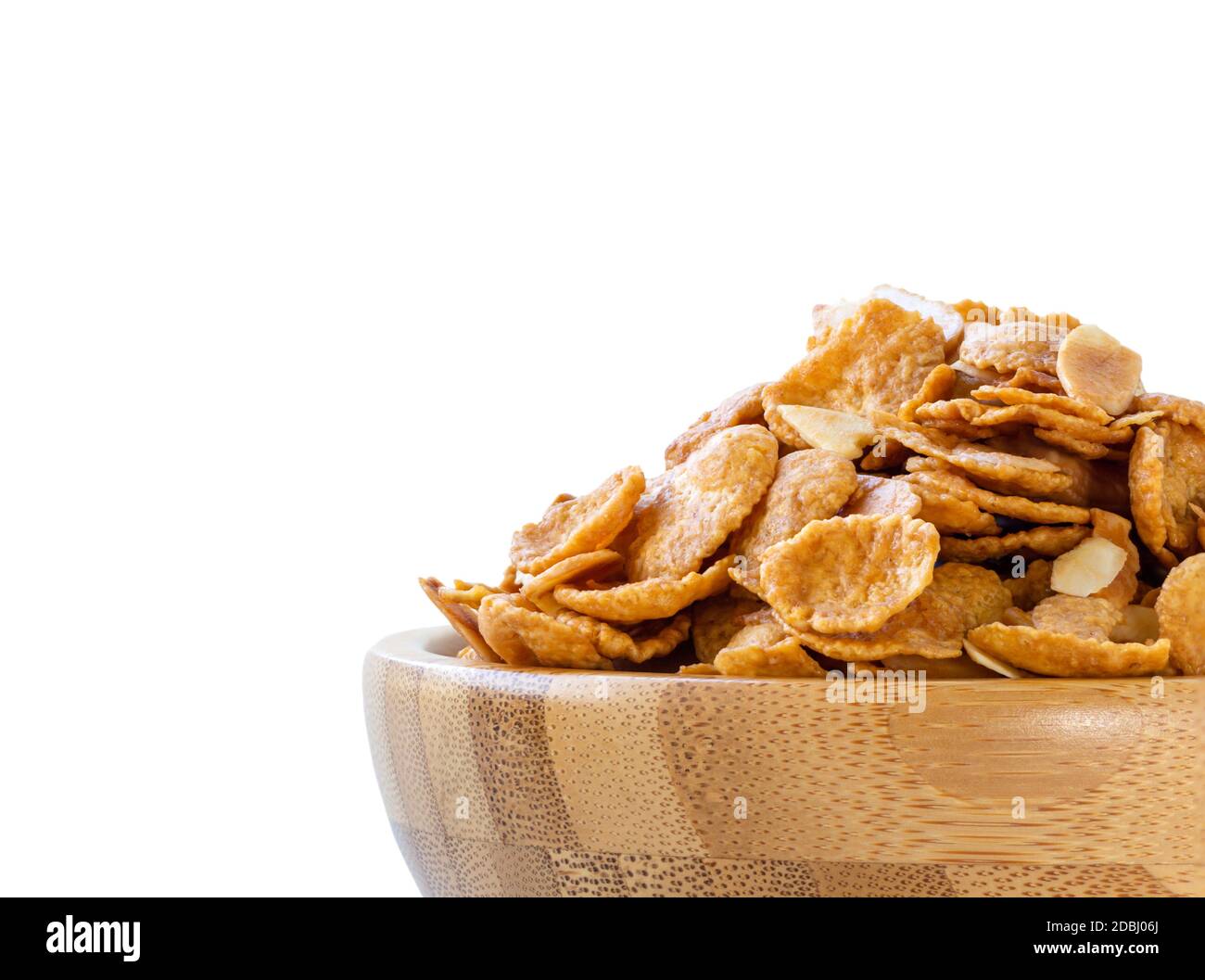 Cornflakes or cereals grain wheat in wooden bowl on white background ...