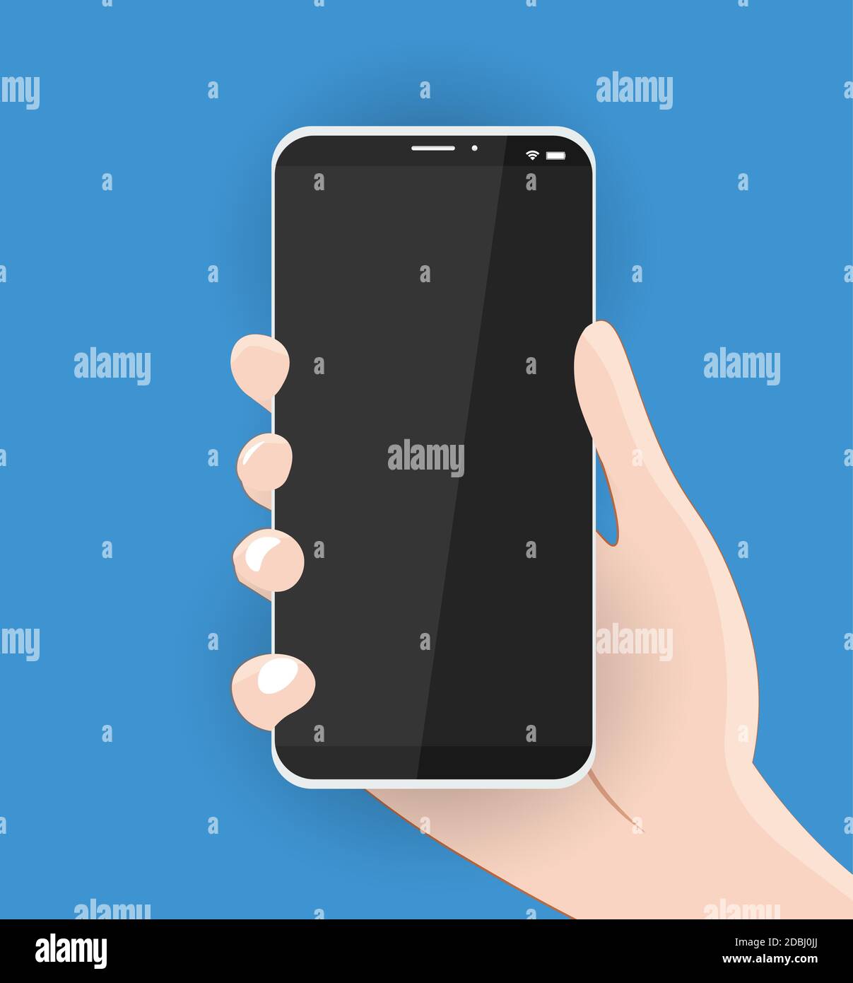 Hand holds a modern realistic smartphone. Cellphone frame with blank ...