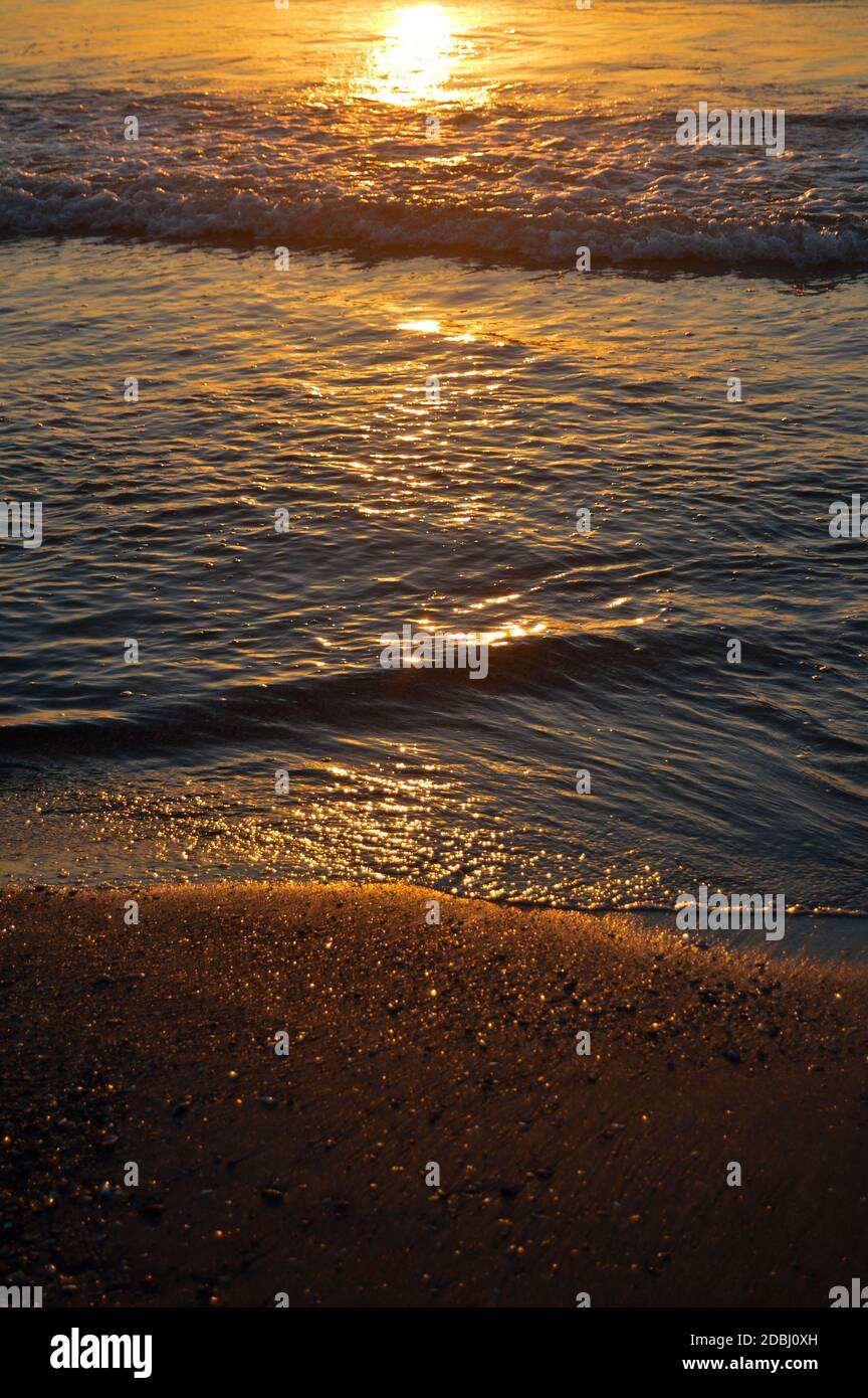 Beautiful summer landscape, sunset at the beach, sparkly sand and waves ...