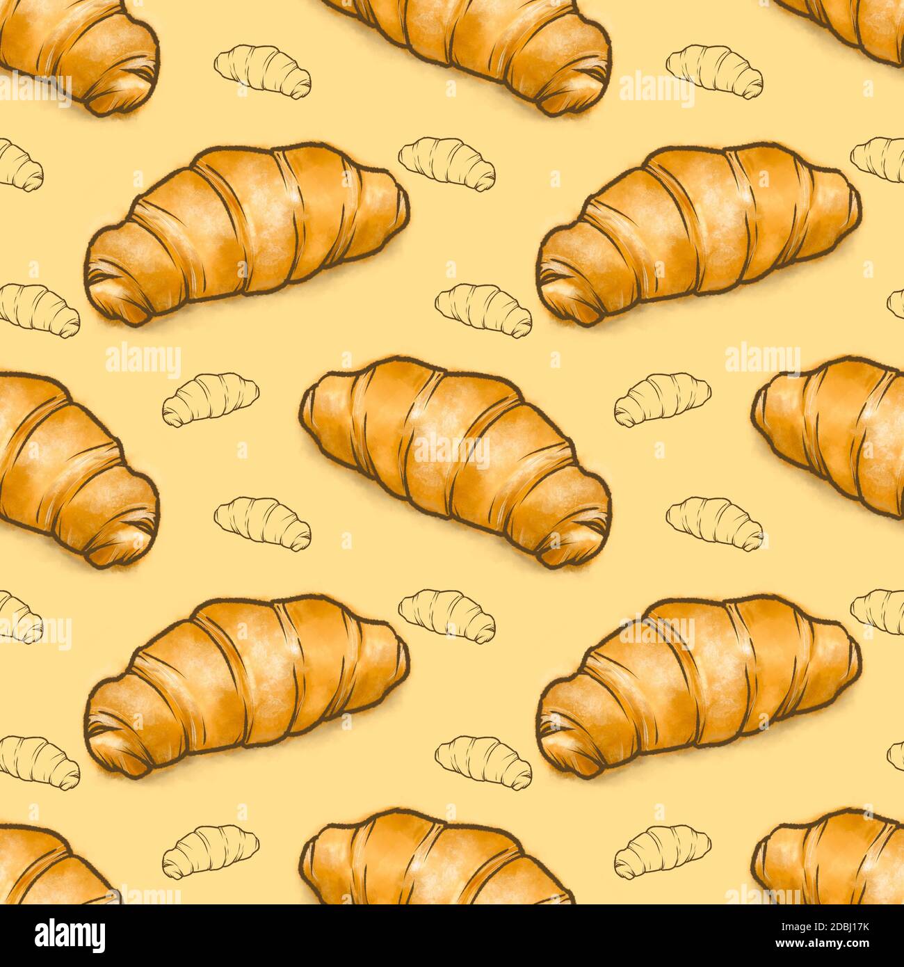 The digital painting of French croissant bread bakery seamless pattern ...