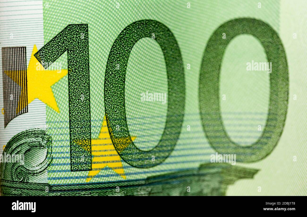 genuine European one hundred Euro bill, close-up of European Union cash ...