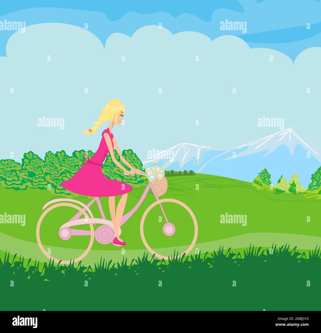 Girl is riding bike on spring field Stock Photo - Alamy
