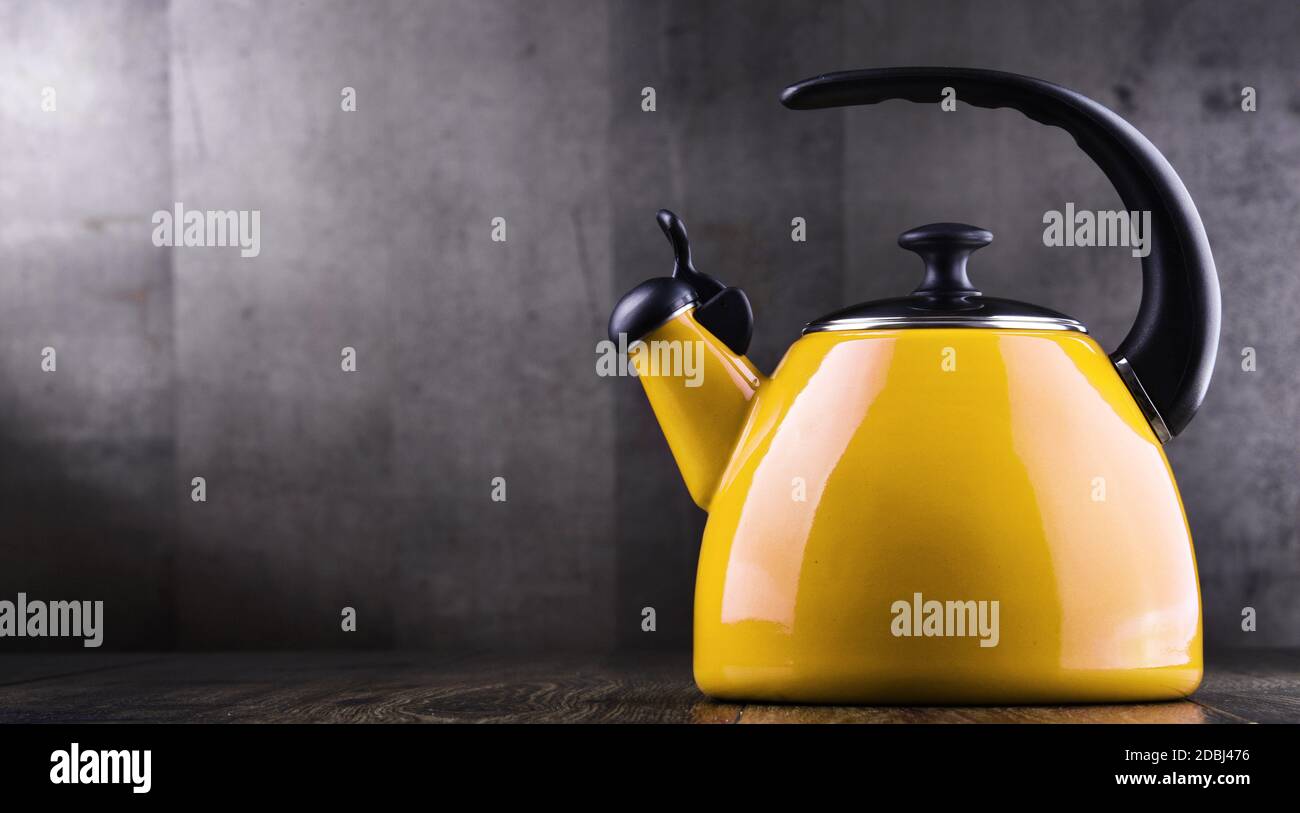 Traditional stainless steel stovetop kettle with whistle of two litres ...