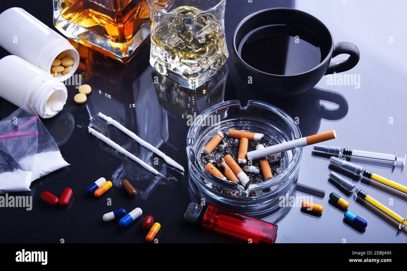 Addictive substances, including alcohol, cigarettes and drugs Stock ...