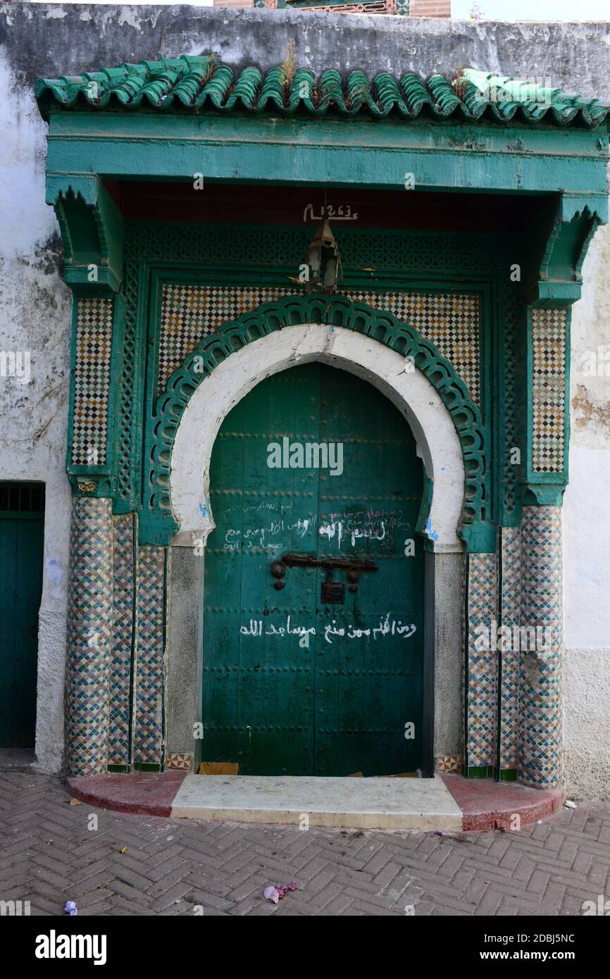 Green wooden gate of ancient mosque in Medina. Tangier, Morocco Stock ...