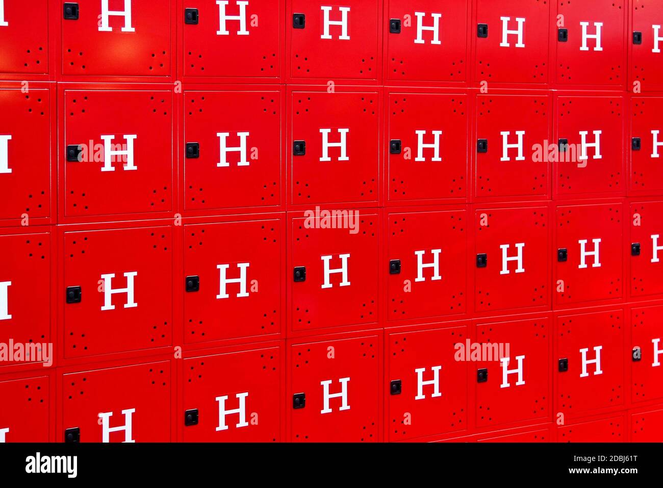 Perspective shot of red fire hydrant lockers Stock Photo - Alamy