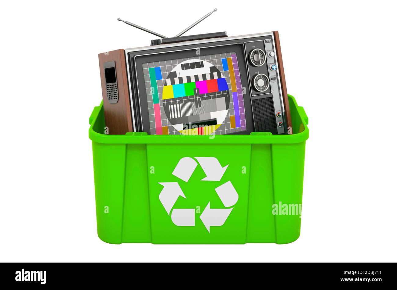 Recycling trashcan with TV set, 3D rendering isolated on white ...