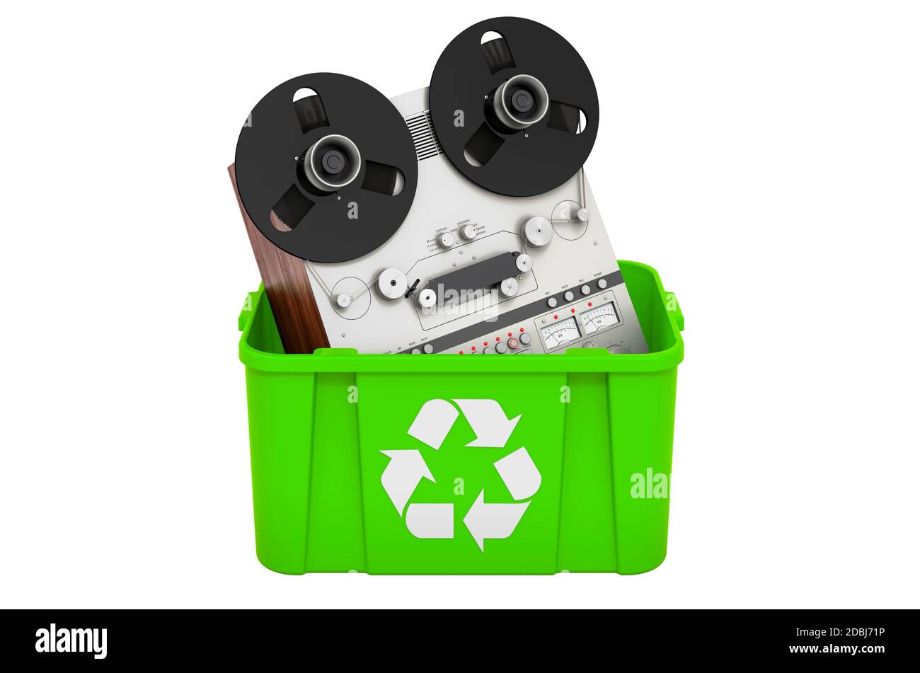Recycling trashcan with reel-to-reel tape recorder, 3D rendering ...
