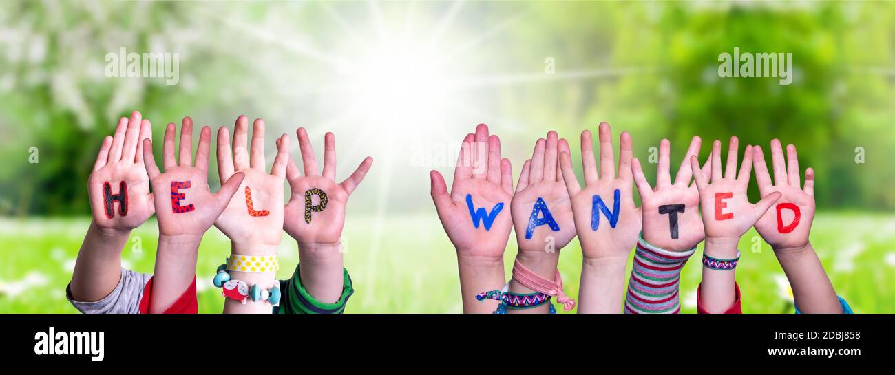 Children Hands Building Colorful English Word Help Wanted. Sunny Green ...