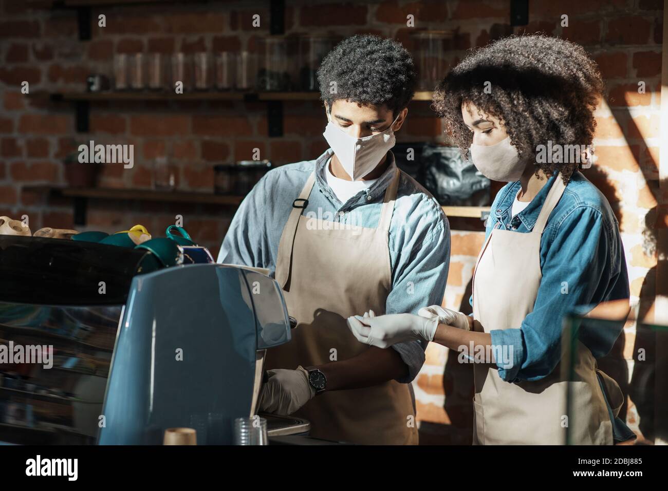 Social distancing, new normal, coffee ordering and family small ...