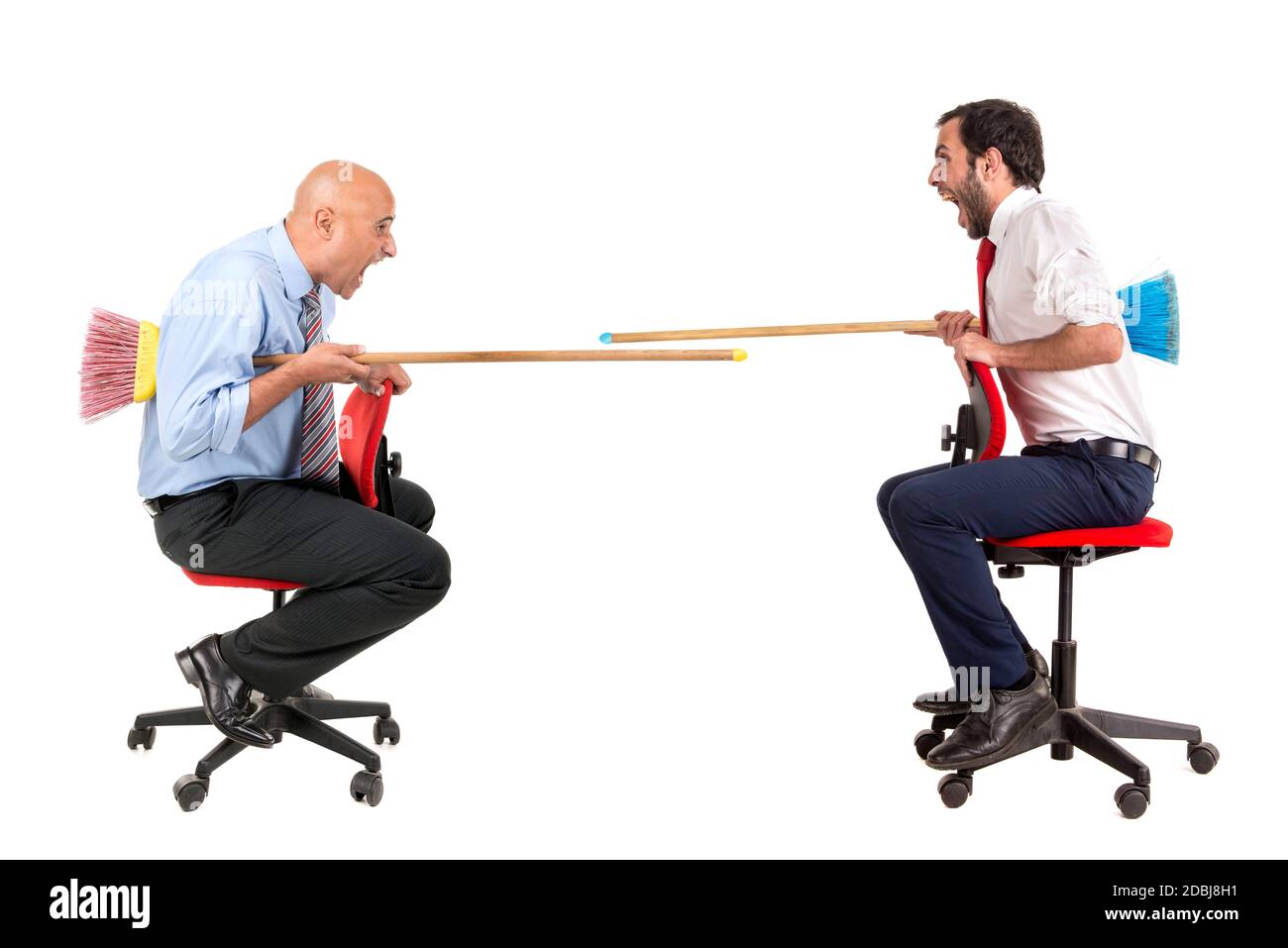 workers in chairs jousting with brooms, isolated in white Stock Photo ...